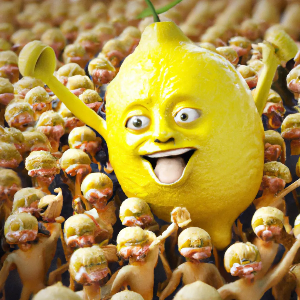 3-D, Photo-Realistic, Laughing Giant Lemon surround... | OpenArt