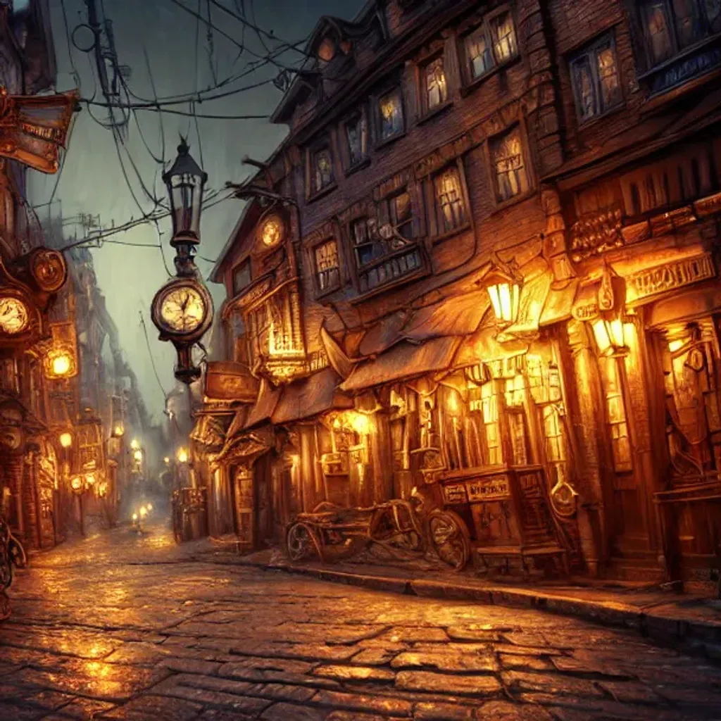 town, beautiful street, Wood, metal, steampunk, cloc... | OpenArt