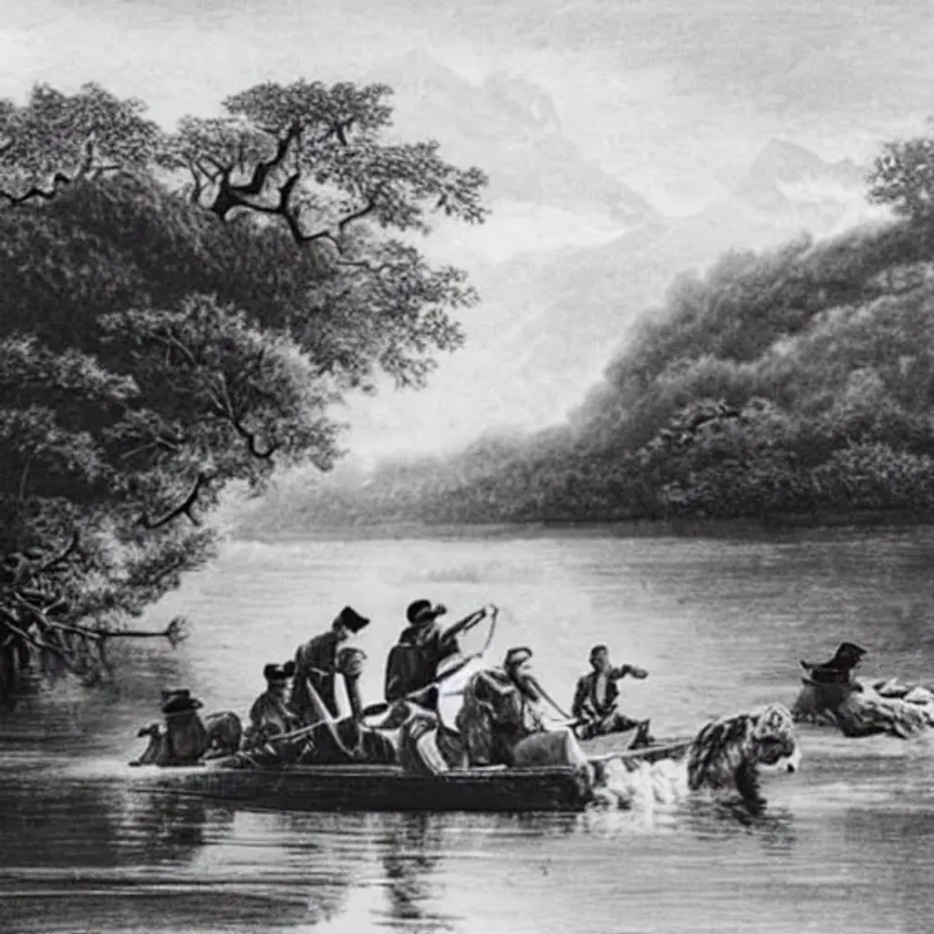 The explorers voyage down the river between the ridges | OpenArt