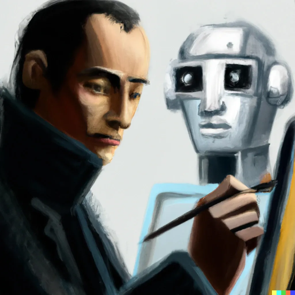 a robot artist painting a portrait of a human, trend... | OpenArt