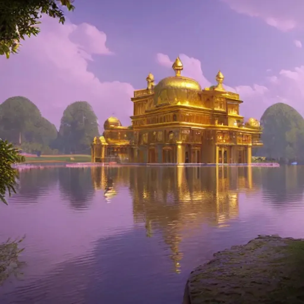 Landscape of a palace made of gold on the banks of a...