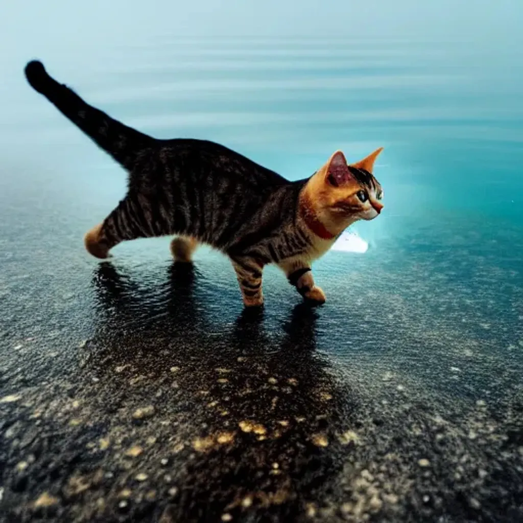 cat walking on clear ocean water with fish in water,... | OpenArt