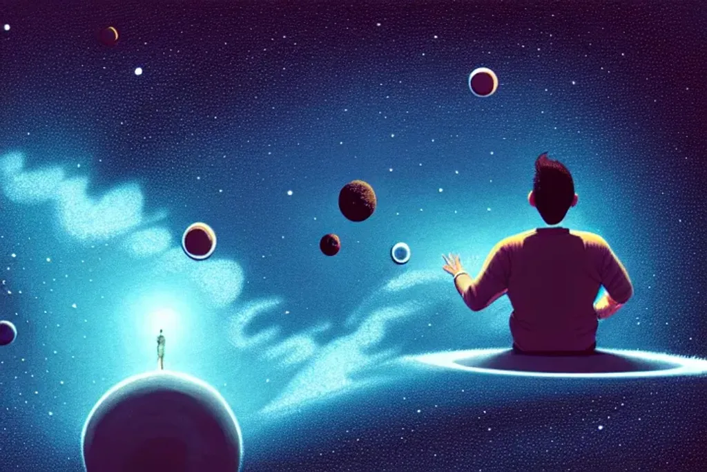 An over head view of a man floating in space watchin... | OpenArt