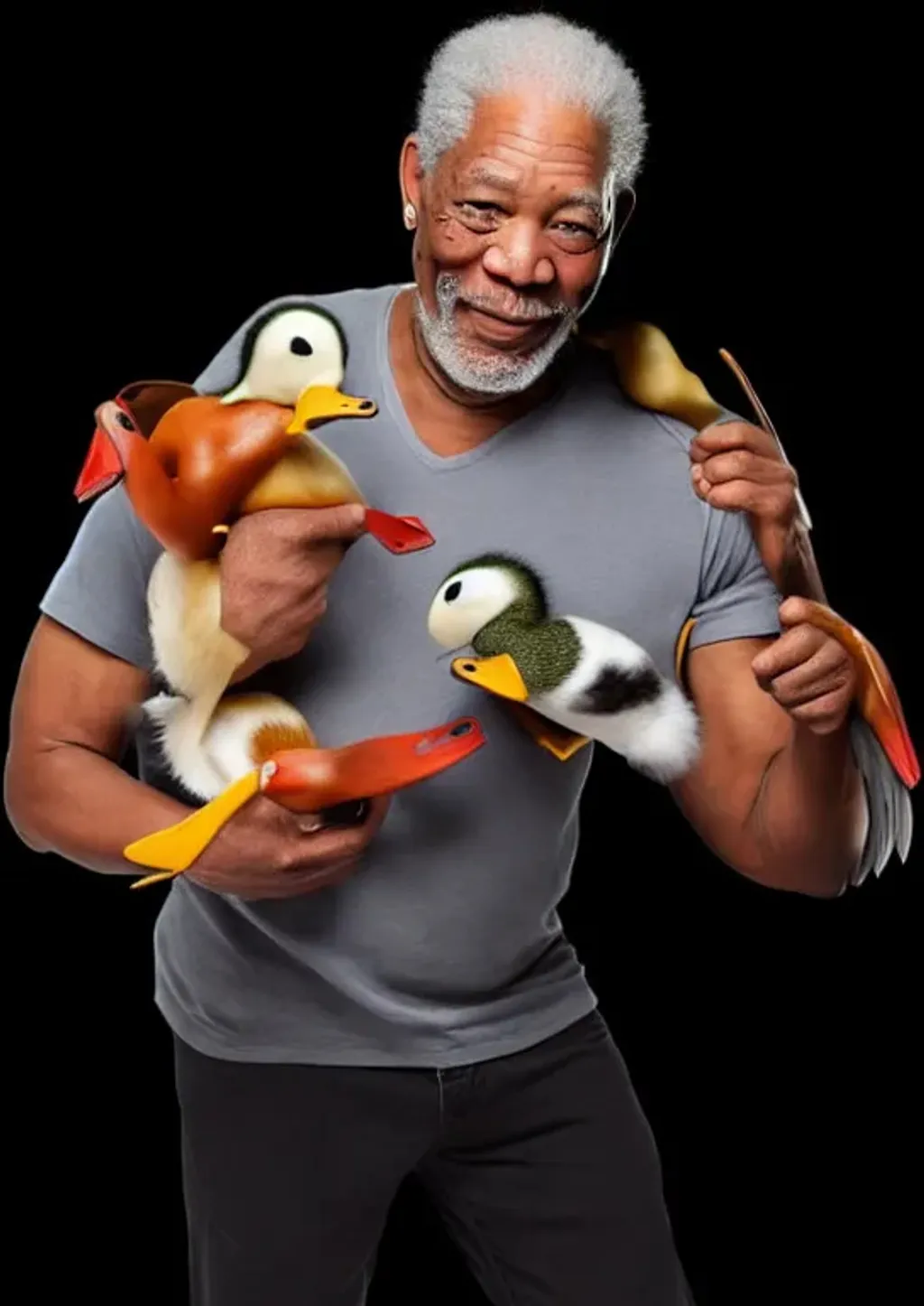 Morgan Freeman holding multiple ducks, yolked, muscl... | OpenArt