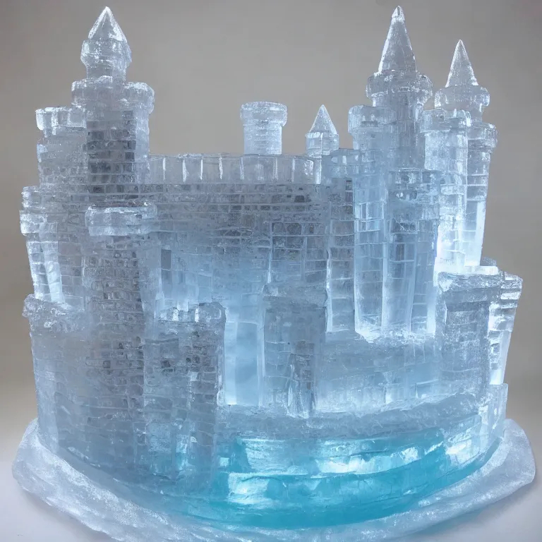 Ice sculpture of a castle on a rock in the sea, high... | OpenArt