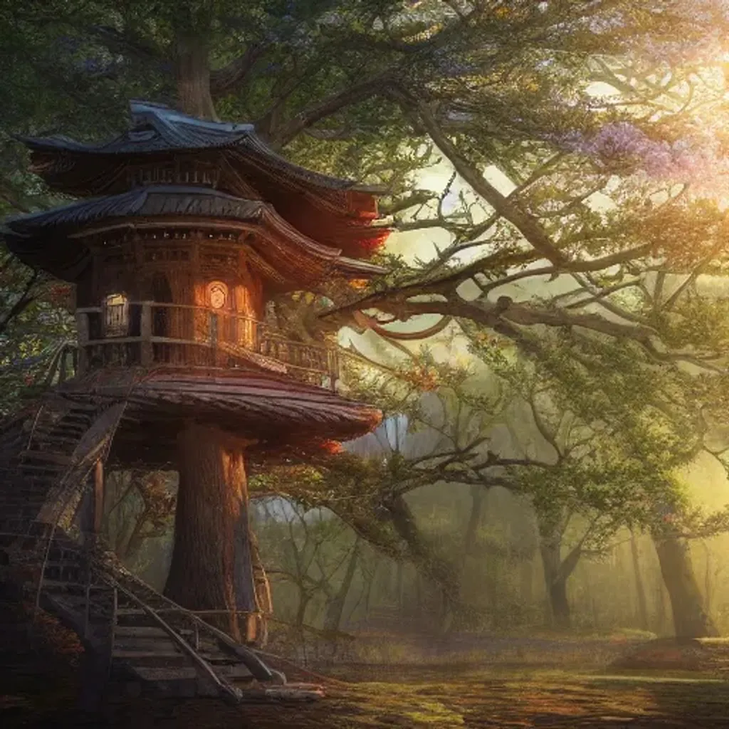 concept art of a high-fantasy Japanese-style treehou... | OpenArt