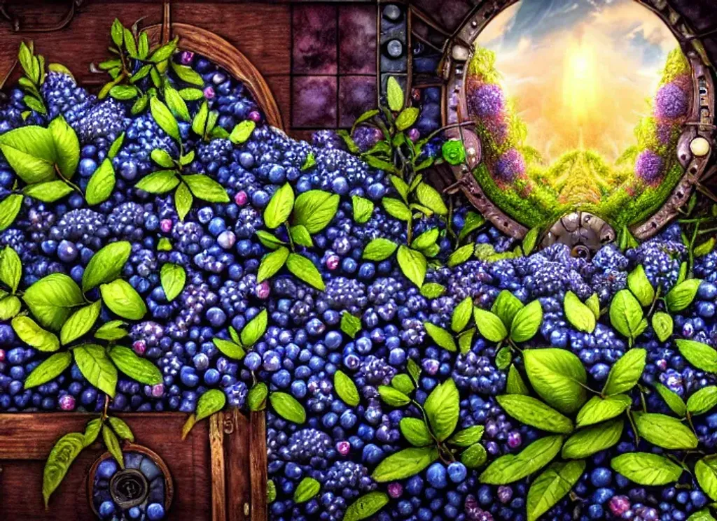 Blueberry bushes with lots of blueberries, framing a... | OpenArt