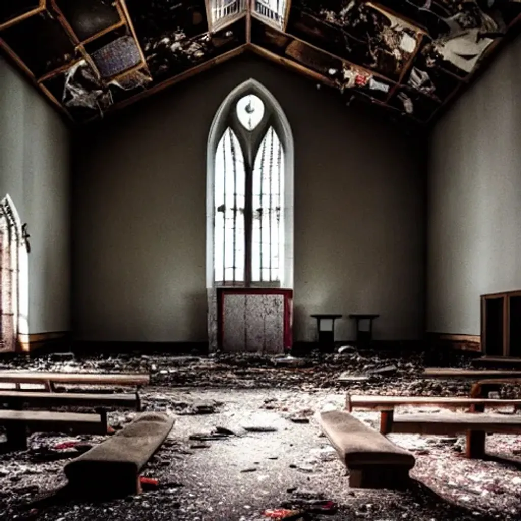 inside abandoned church, broken benches, moody light... | OpenArt