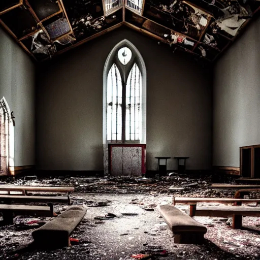 inside abandoned church, broken benches, moody light... | OpenArt