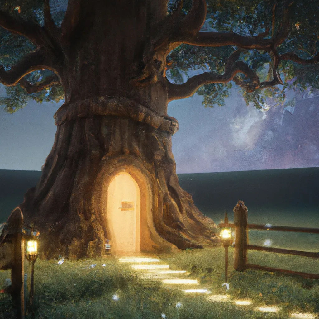 an oak tree with a magical door, a luminescent path... | OpenArt
