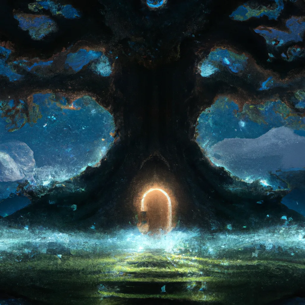 an oak tree with a magical door, a luminescent path... | OpenArt