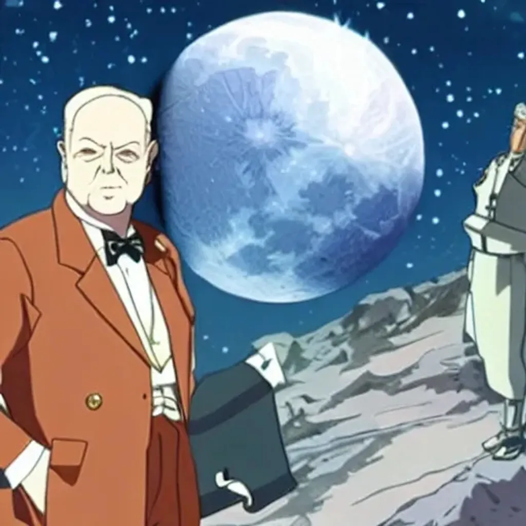 An anime of Winston Churchill, who is standing on th...