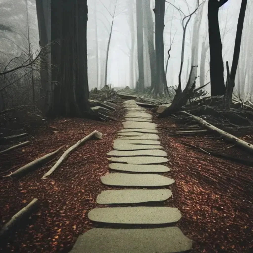 stone path through forest, dead trees, broken fence,... | OpenArt
