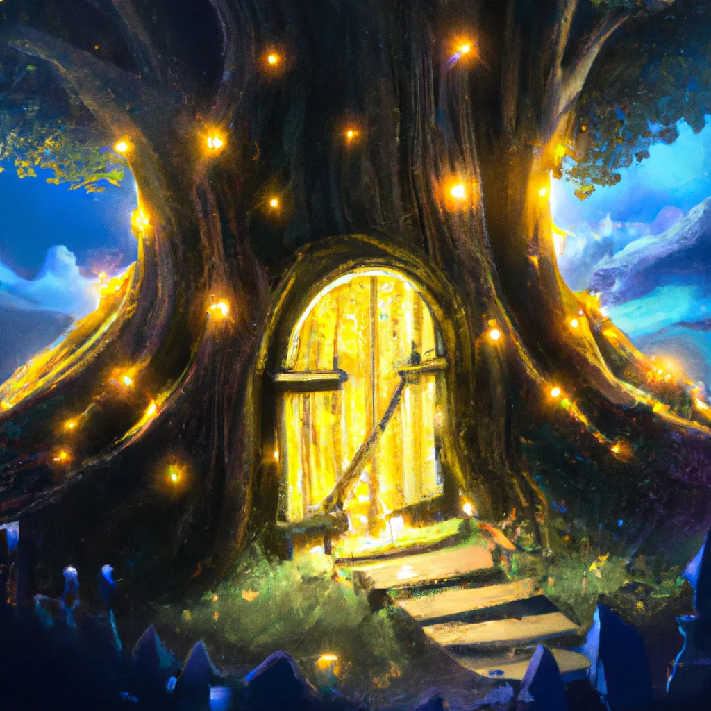 an oak tree with a magical door, a luminescent path... | OpenArt