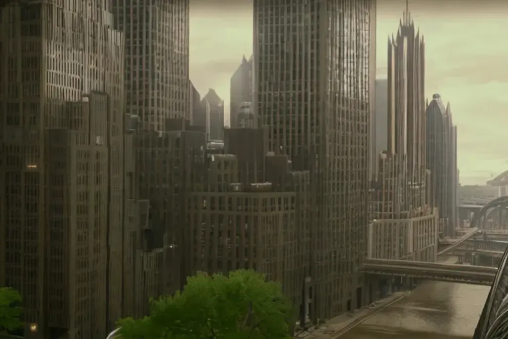 Film still from Inception movie, outdoor shot of the...