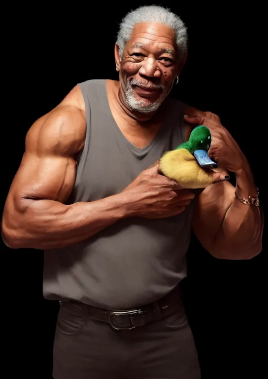 Morgan Freeman holding a duck, yolked, muscle, 4K, 8... | OpenArt