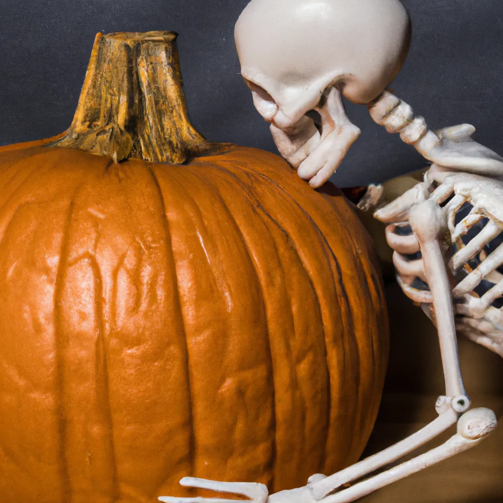 A photo of a skeleton carving a pumpkin