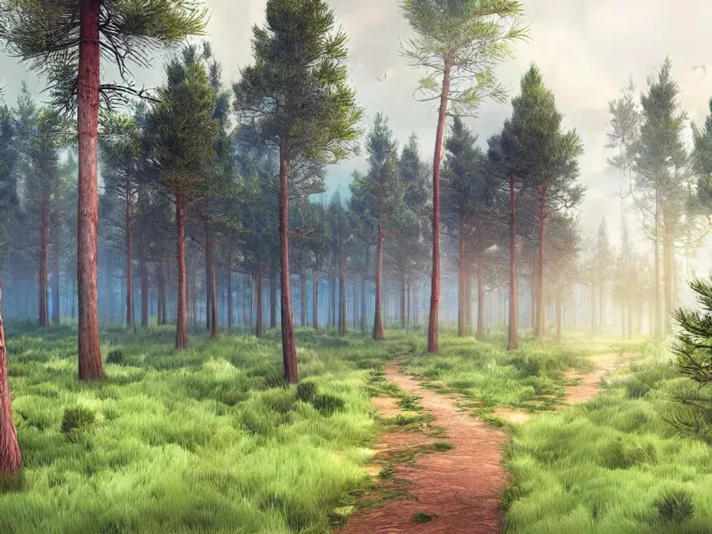 Pine forest with paths at cloudy morning, fantasy ar... | OpenArt