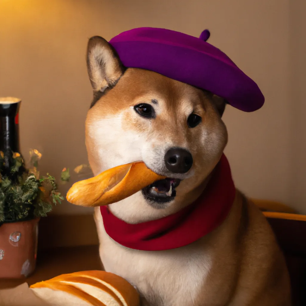 a Shiba inu wearing a purple beret eating a baguette... | OpenArt