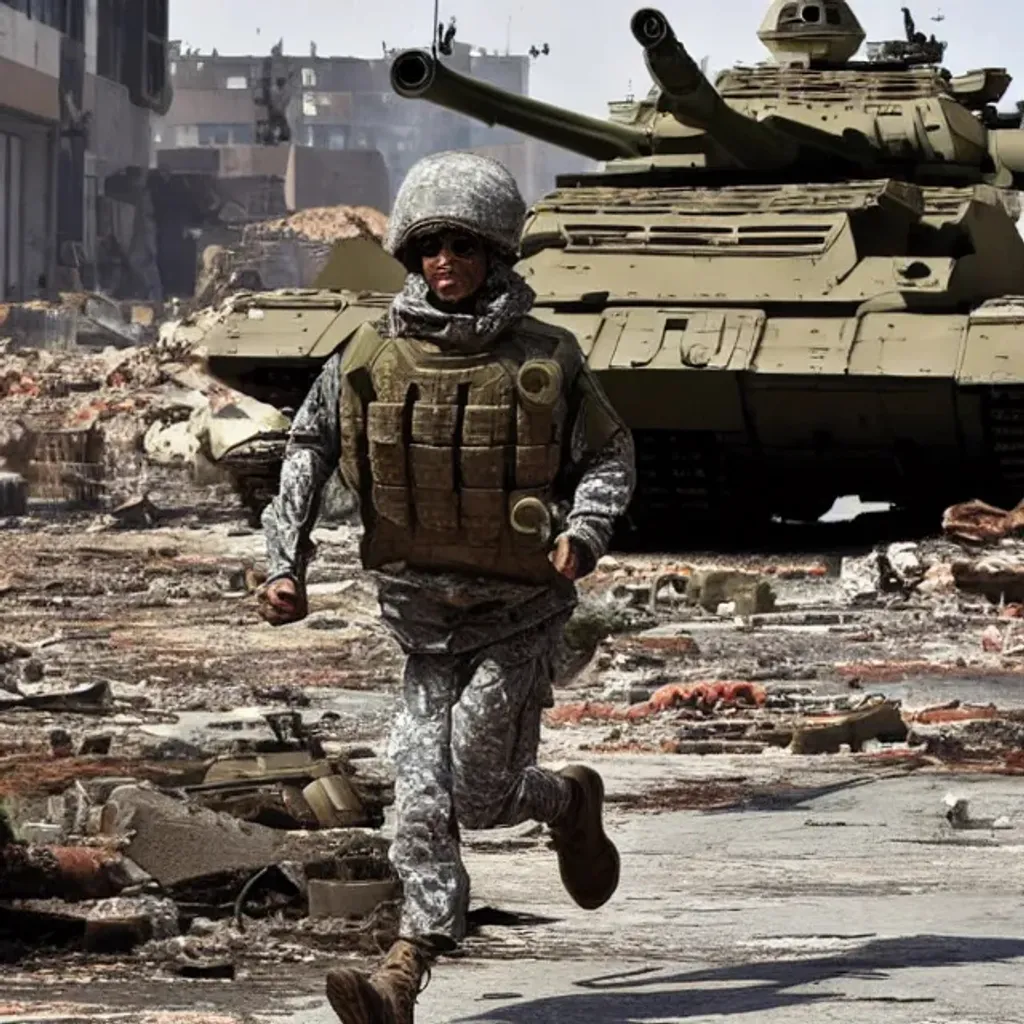 Futuristic camo soldier running towards a heavily ar... | OpenArt