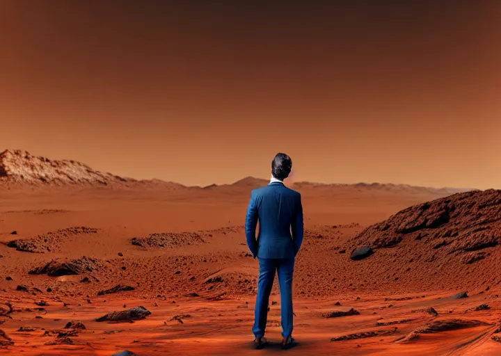 Man in a suit, tall, brunette hair, on mars, scenic,...