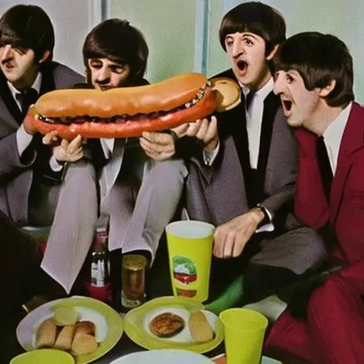 the beatles eating a hotdog | OpenArt