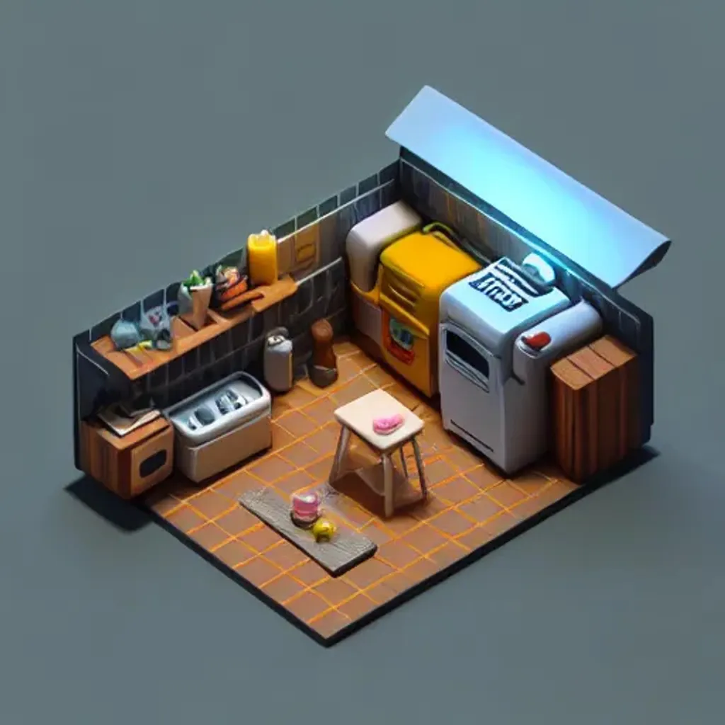 Tiny cute isometric kitchen in a cutaway box, cyberp...