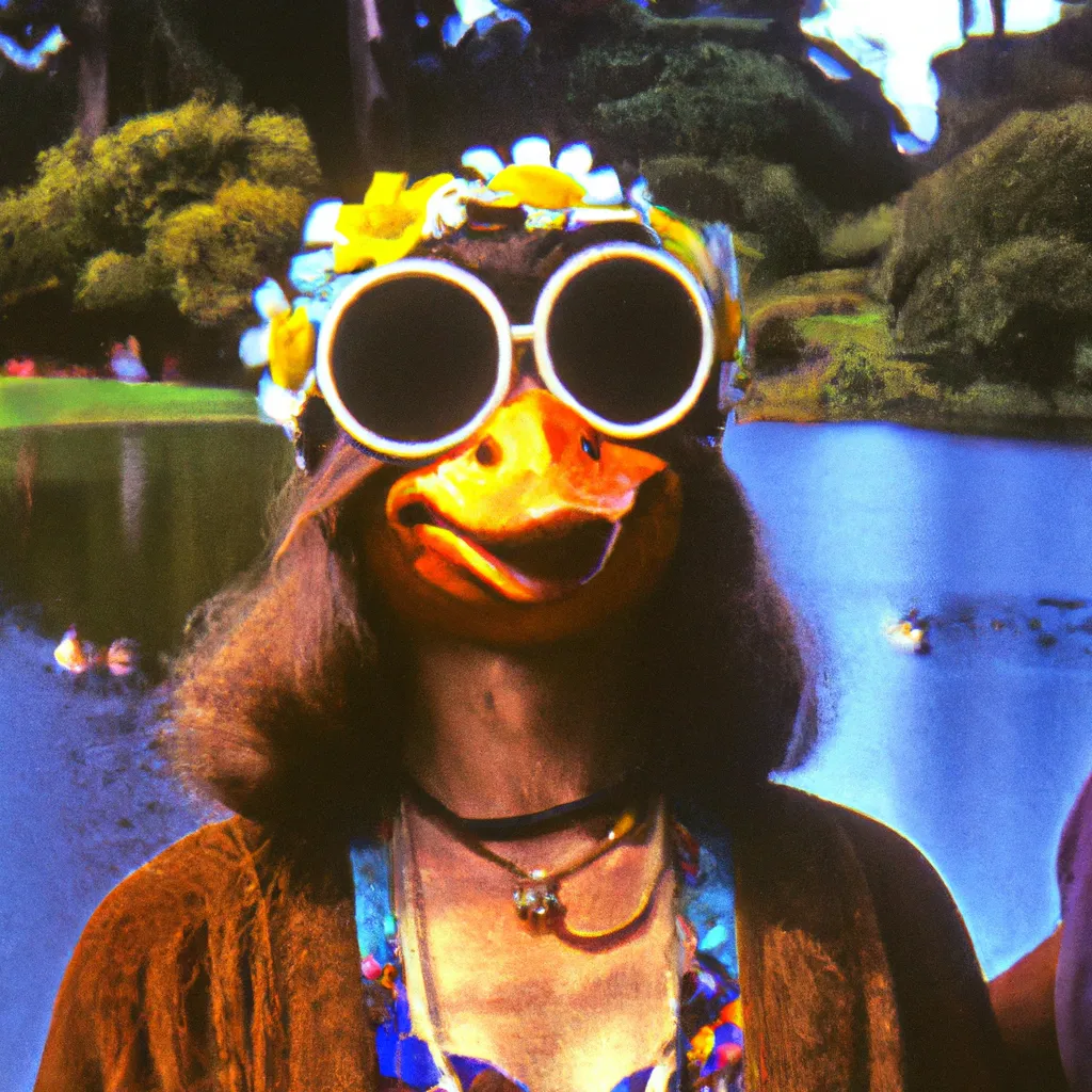 Realistic photograph, hippie female duck anthropomor... | OpenArt