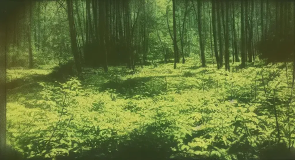 Beautiful forest at noon, old Polaroid photograph | OpenArt