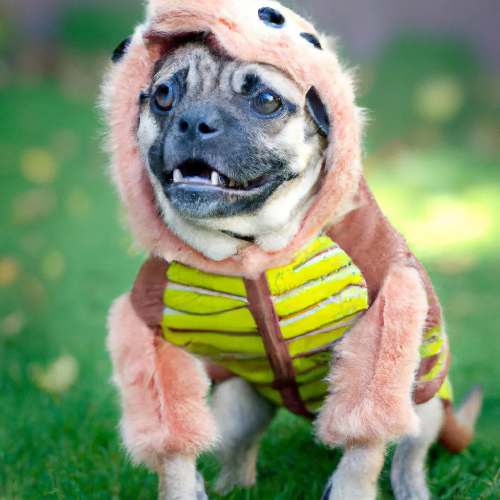photo of a pug in t rex costume | OpenArt
