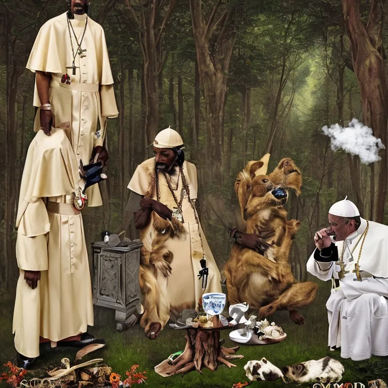 Snoop Dogg smoking with the Pope in the forest with... | OpenArt