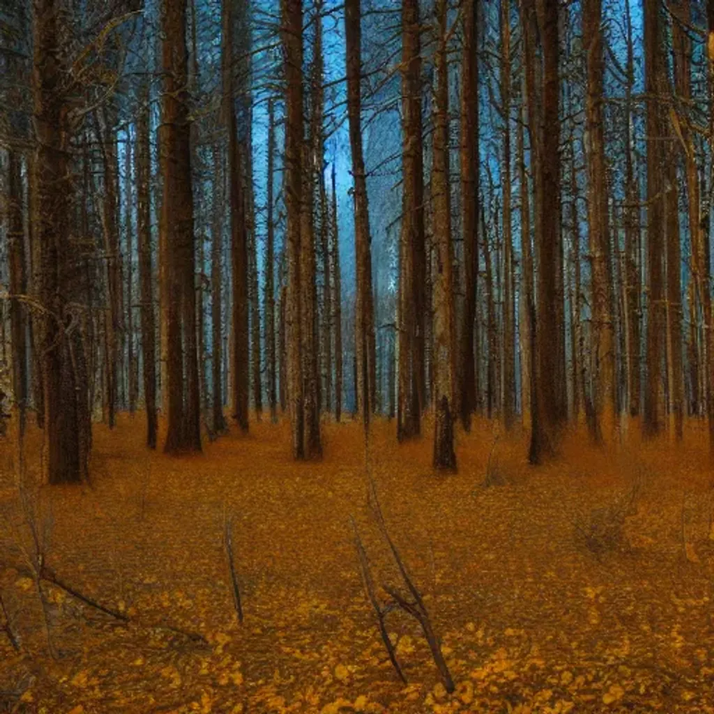 dead trees in autumn forest at night, liminal space | OpenArt