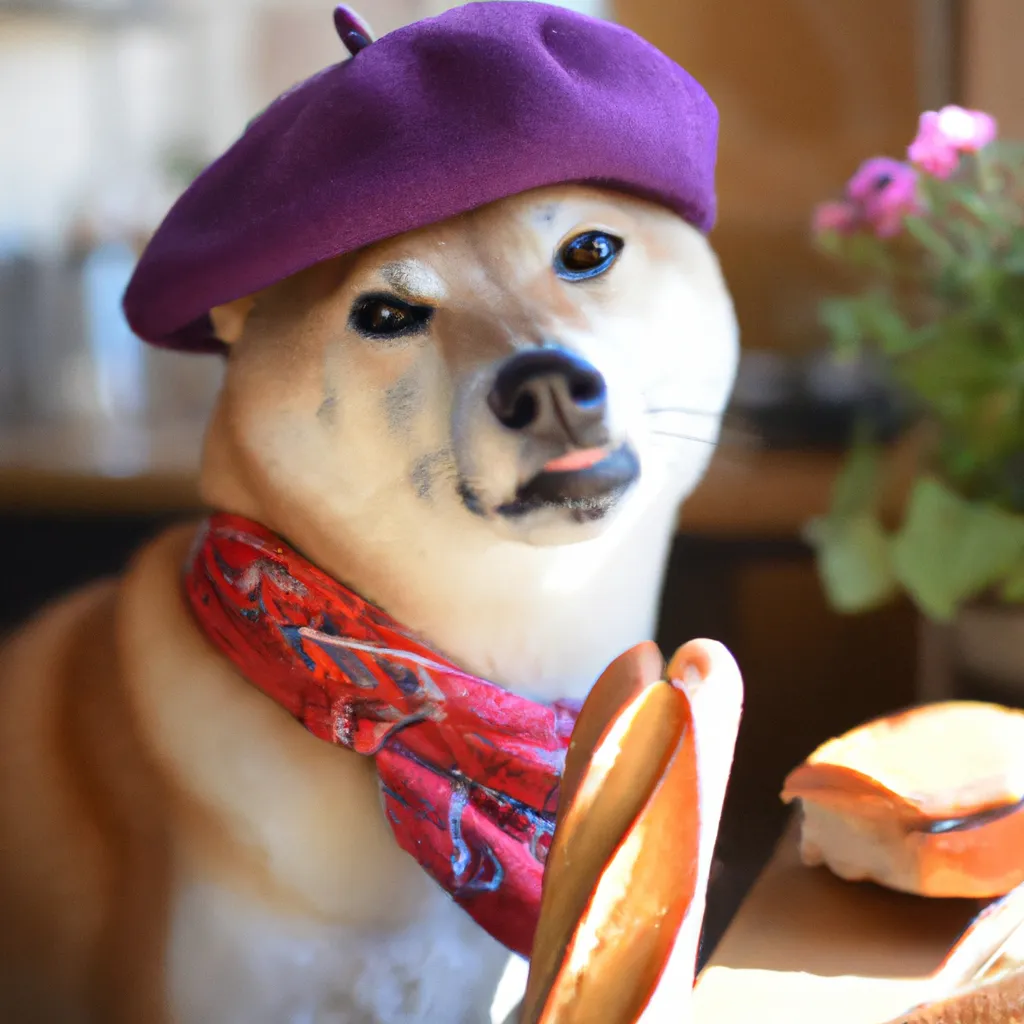 a shiba inu wearing a purple beret in a diner eating... | OpenArt