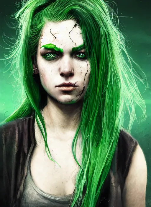 Portrait of {a hacker} with {green} hair and with sc...