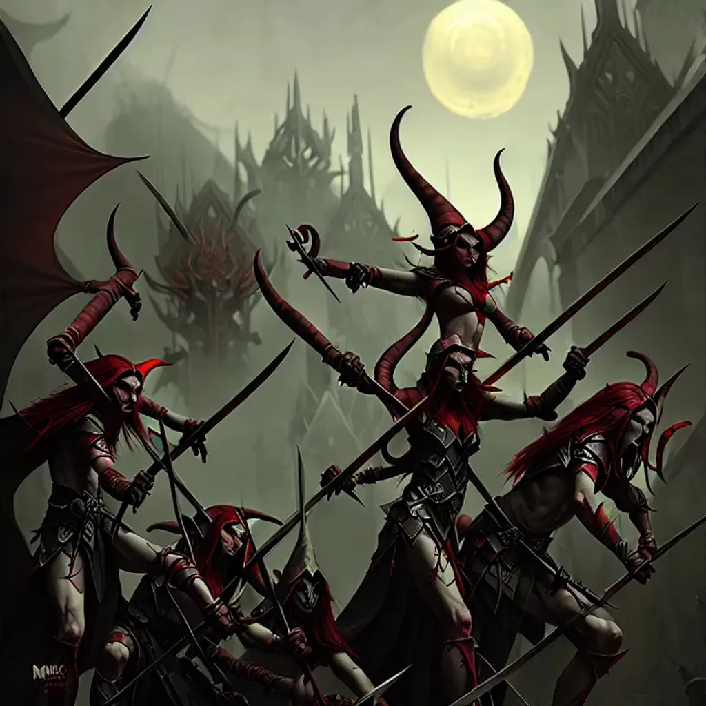 demonic, lithe, androgynous evil elves march to war,... | OpenArt