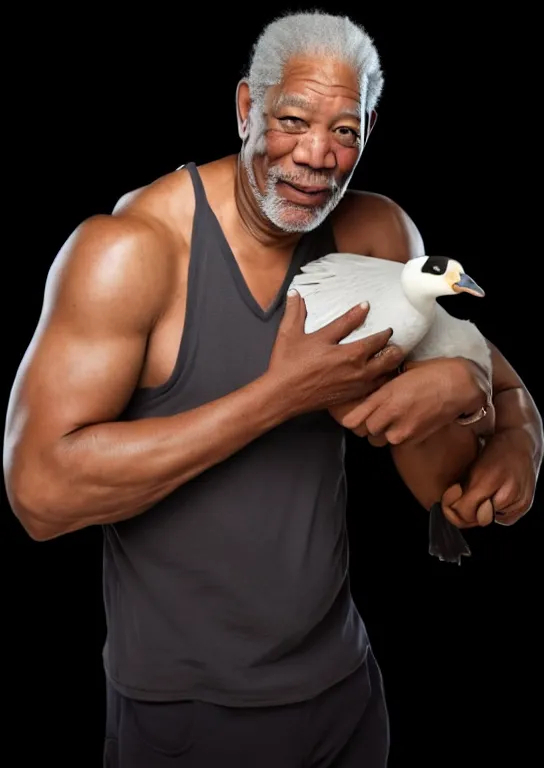 Morgan Freeman holding a goose, yolked, muscle, flex... | OpenArt