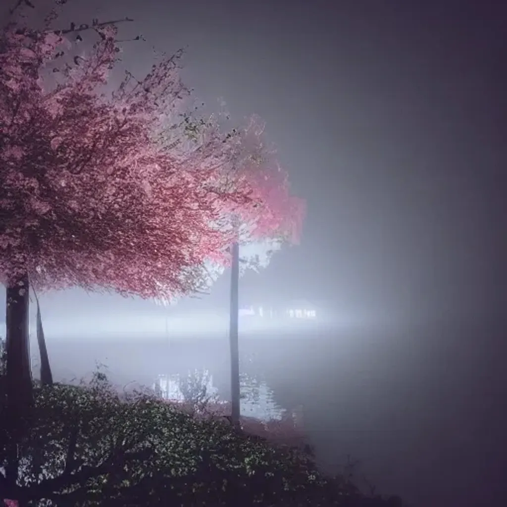 low poly cherry blossom tree in the fog at night, wi... | OpenArt