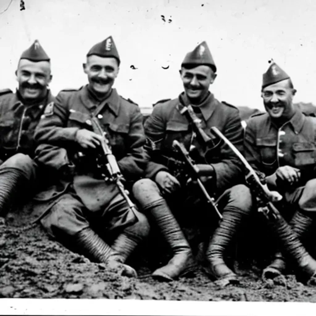 Smiling Soviet Soldiers holding their rifle, sitting... | OpenArt