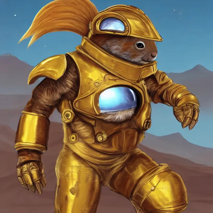 hyper realistic spartan squirrel on mars with golden... | OpenArt