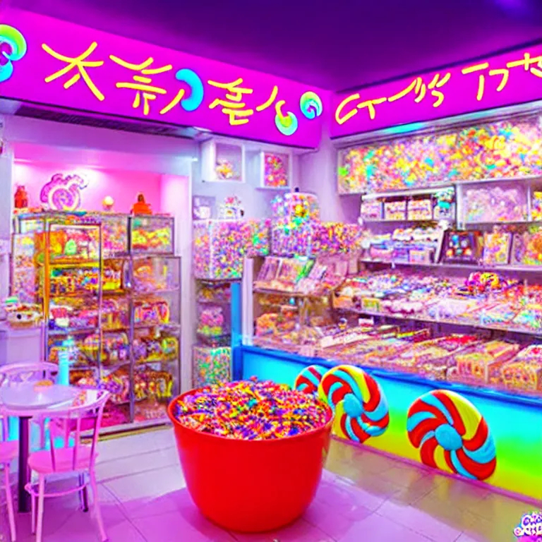 anime, Tokyo candy cafe made of bright colorful cand... | OpenArt