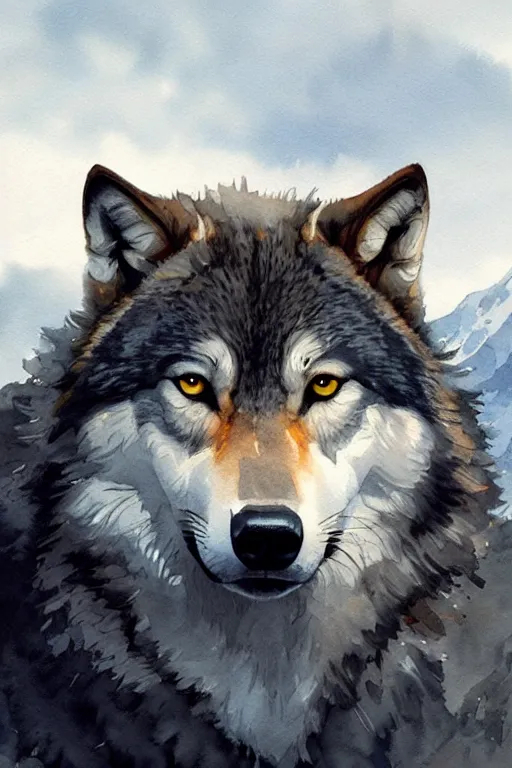 Wolf Face, Portrait, Greg Rutkowski, Mountainous Lan...