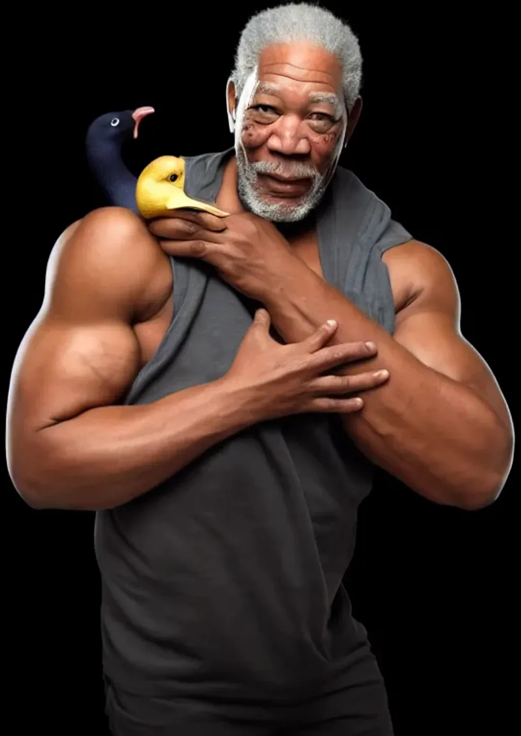 Morgan Freeman holding a duck, yolked, muscle, 4K, 8... | OpenArt