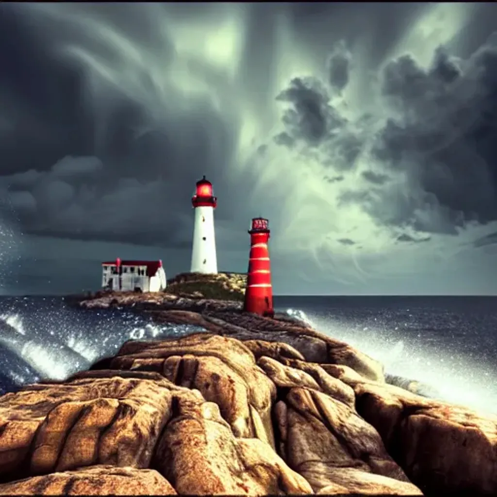 Beautiful painting of a lighthouse on a rocky cliff... | OpenArt