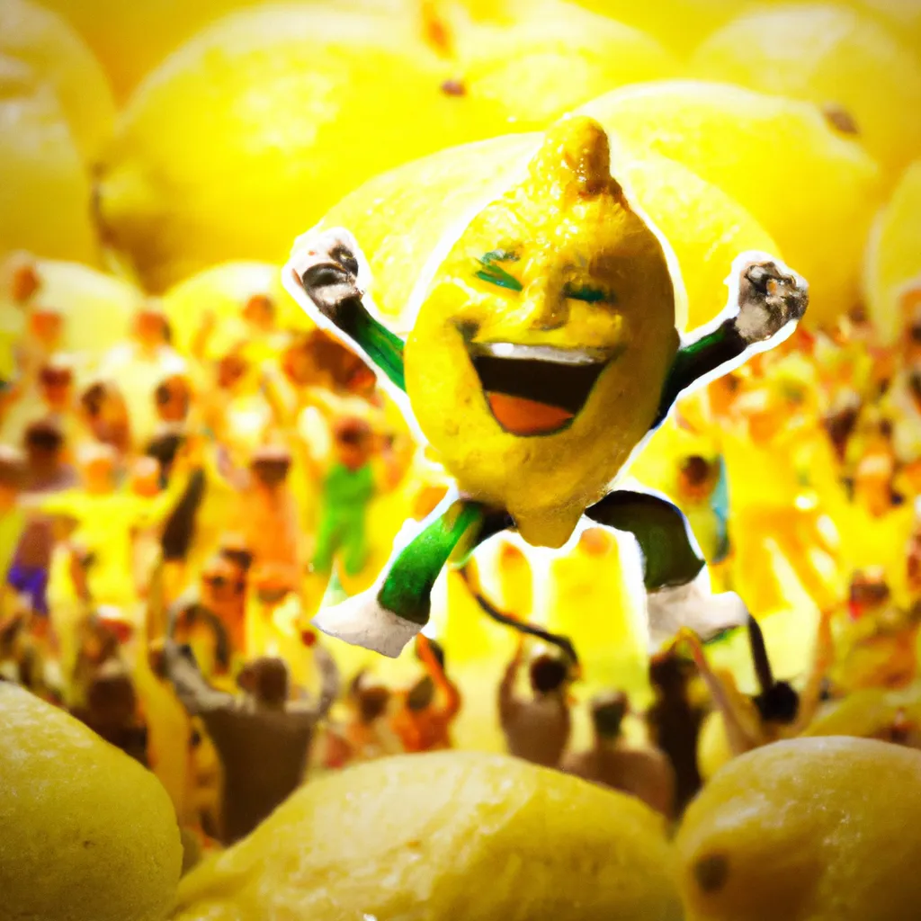 3-D, Photo-Realistic, Laughing Giant Lemon surround... | OpenArt