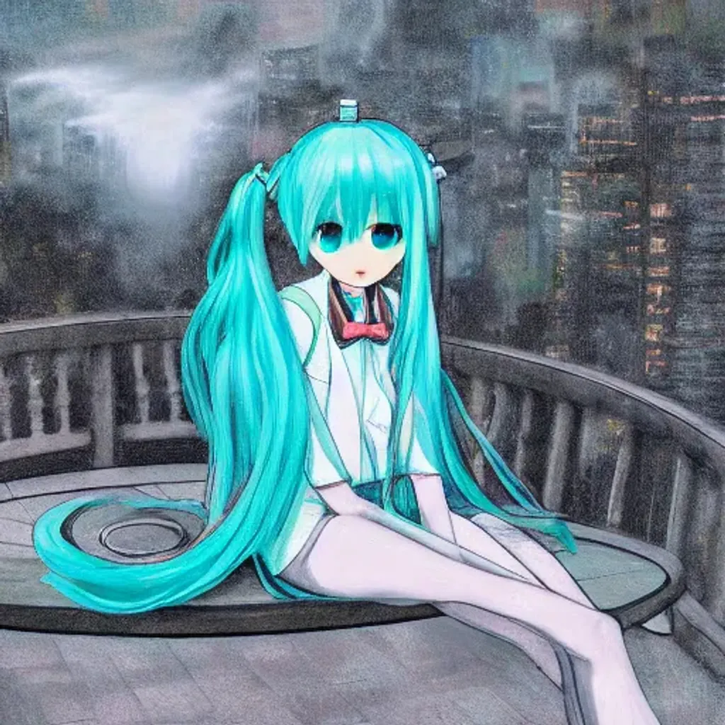 Hatsune miku sitting down in a chair while being in... | OpenArt