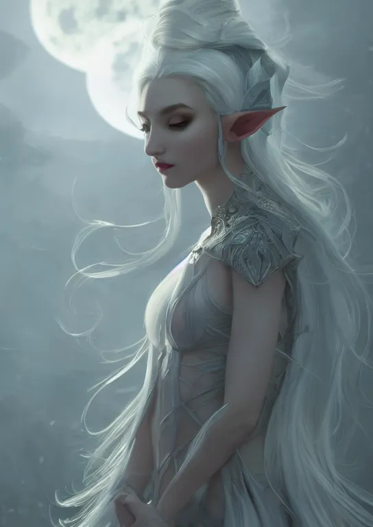 Portrait of a Beautiful Female elf with silver hair... | OpenArt