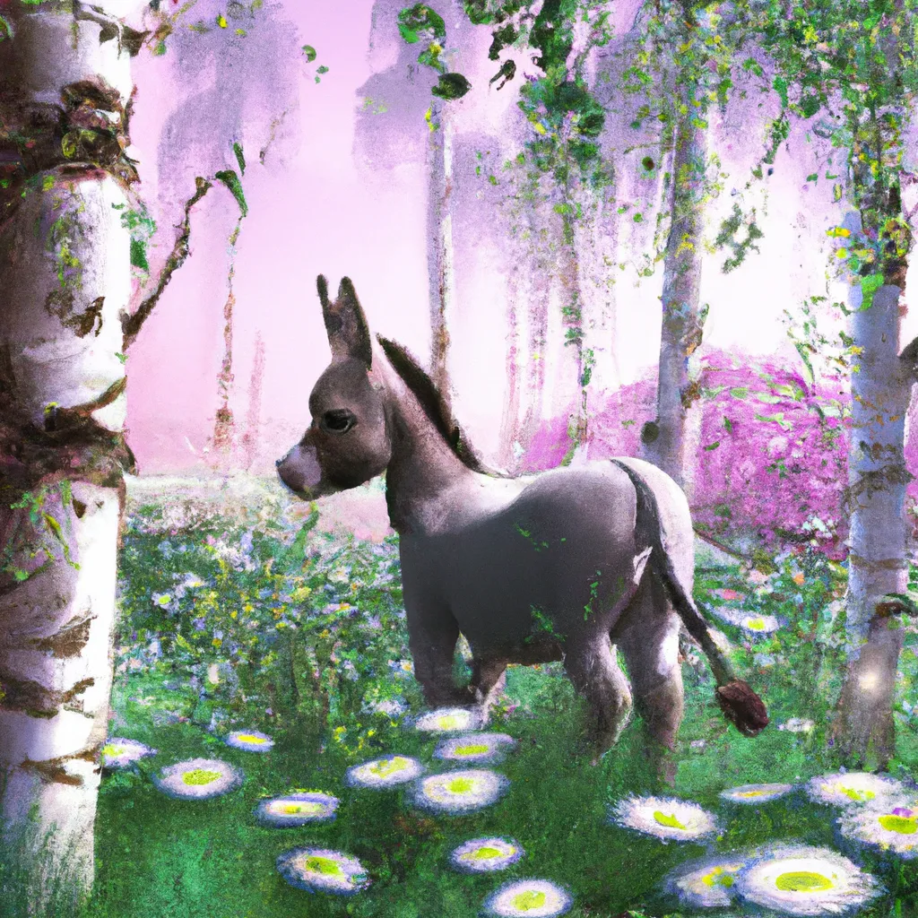 cute donkey in a field of flowers, birch trees, beau... | OpenArt