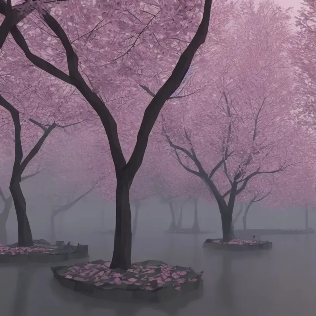 low poly cherry trees in creepy park with river and... | OpenArt