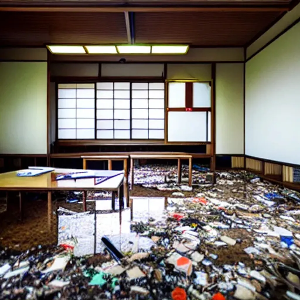 inside abandoned japanese home, garbage on ground, c... | OpenArt