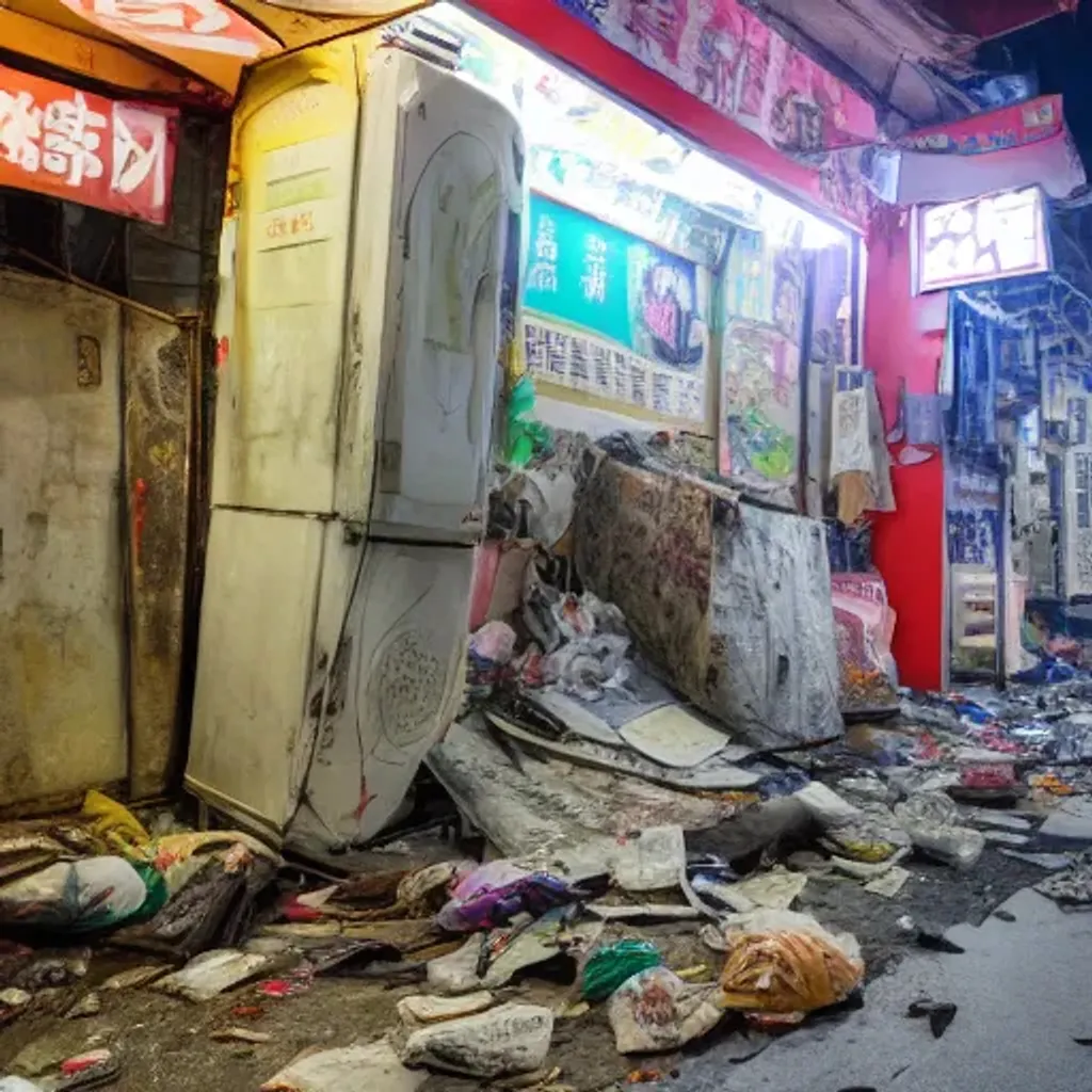 abandoned store in taiwan, garbage and posters on fl... | OpenArt